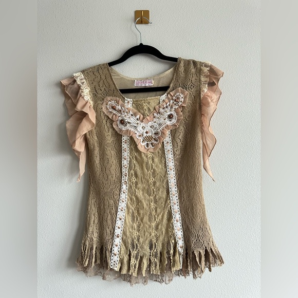 Pretty Angel | Tops | Vintage Pretty Angel Lace Mesh Boho Top Beaded ...